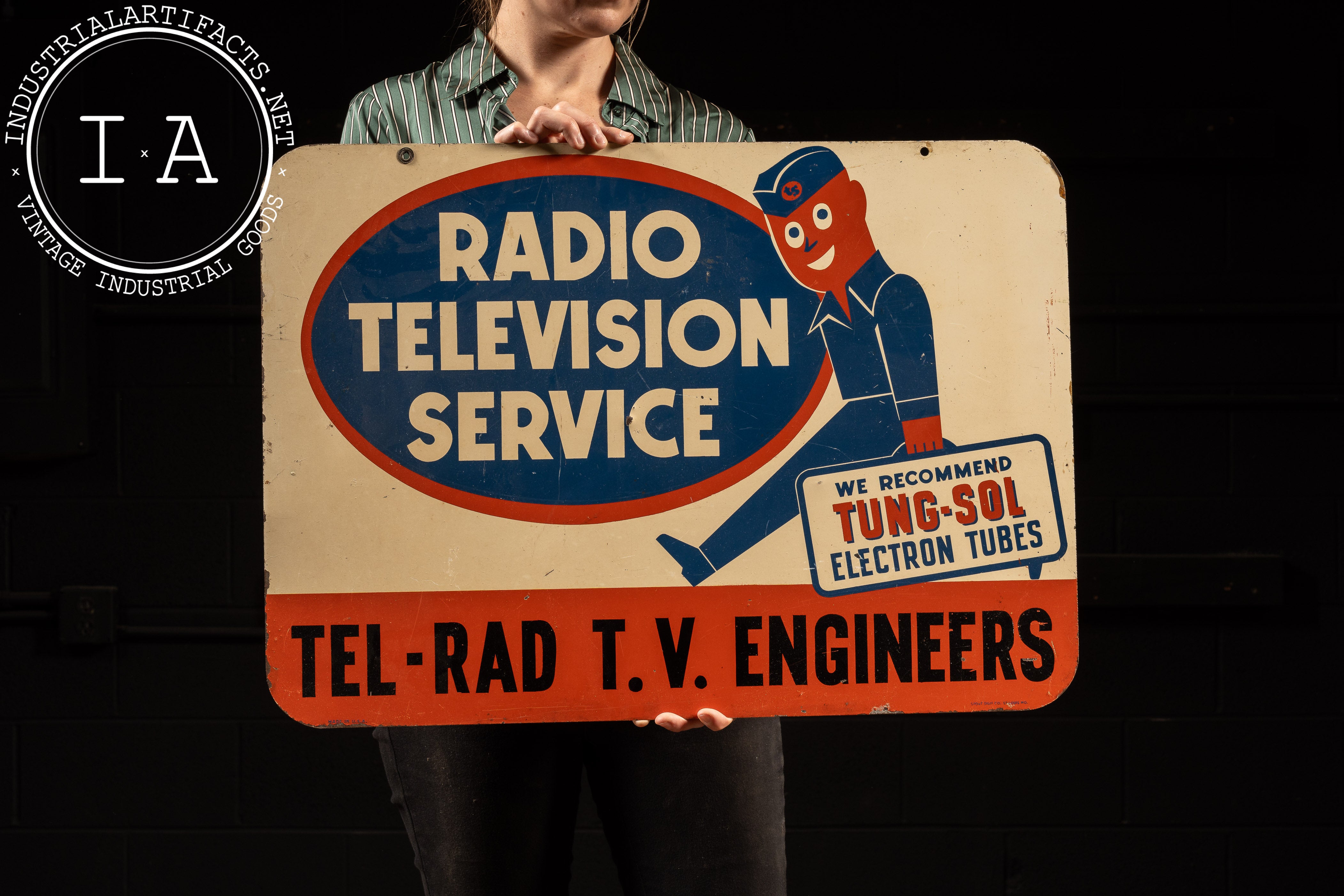 Vintage Double-Sided Tel-Rad TV Repair Sign – Industrial Artifacts