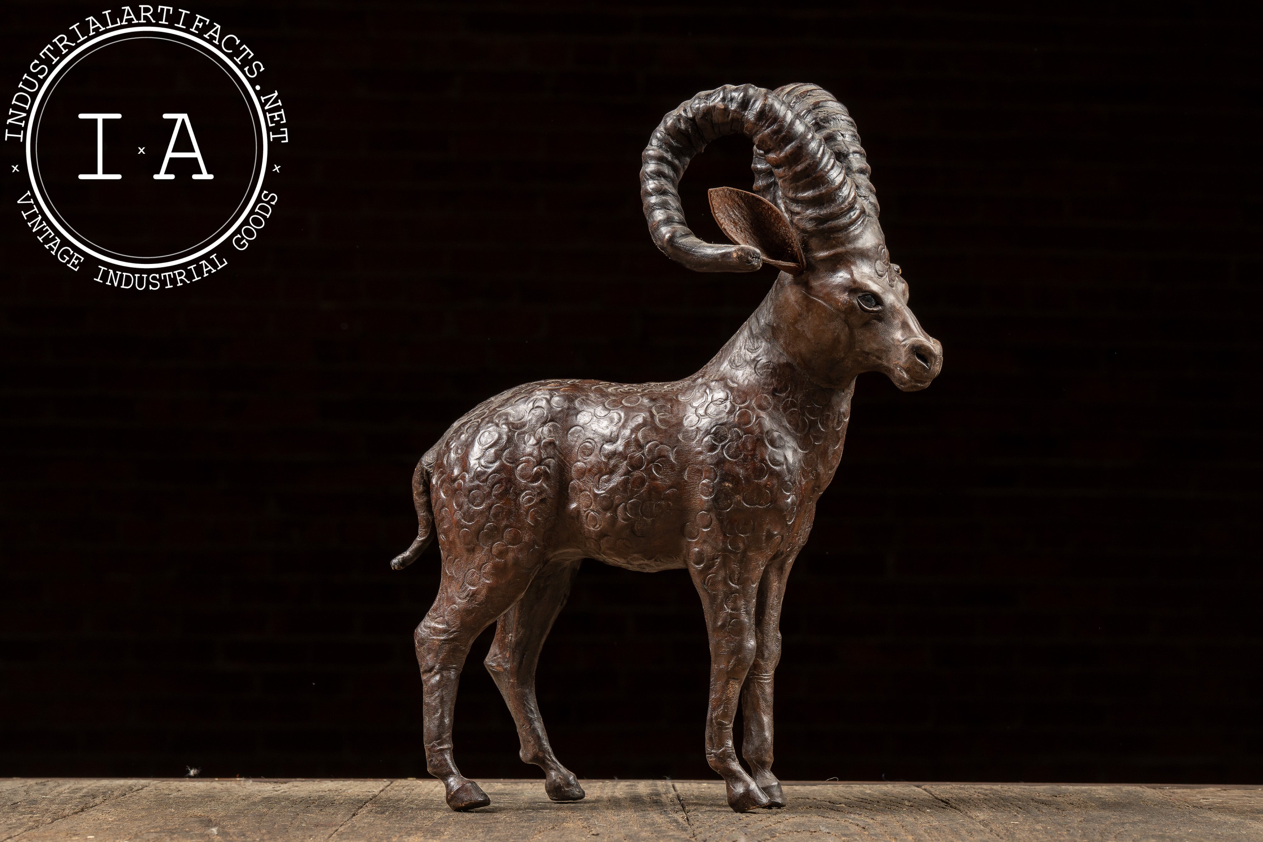 Vintage Leather-Wrapped Ram Sculpture – Industrial Artifacts