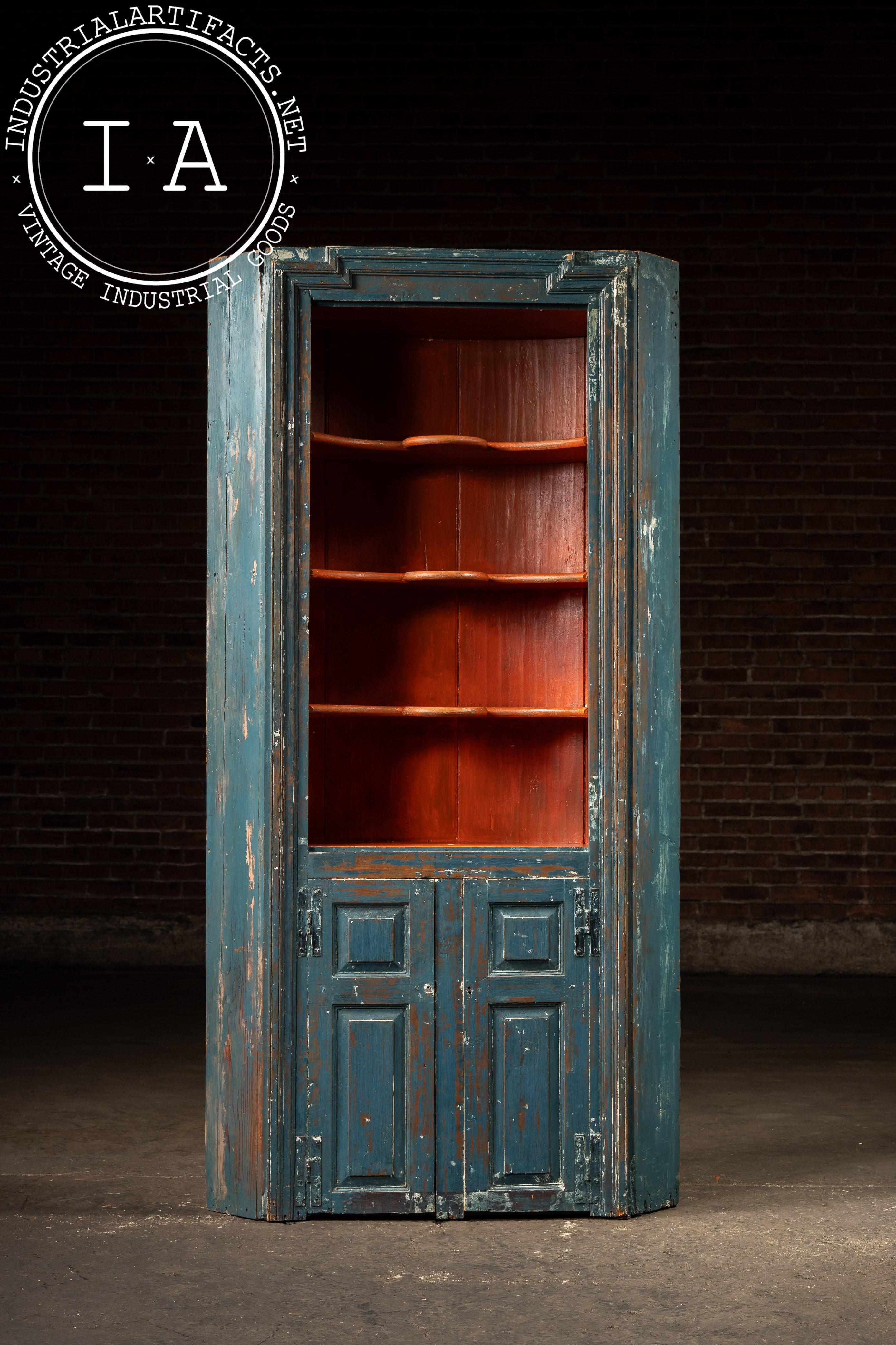 Primitive Chippy Corner Cupboard in Blue – Industrial Artifacts