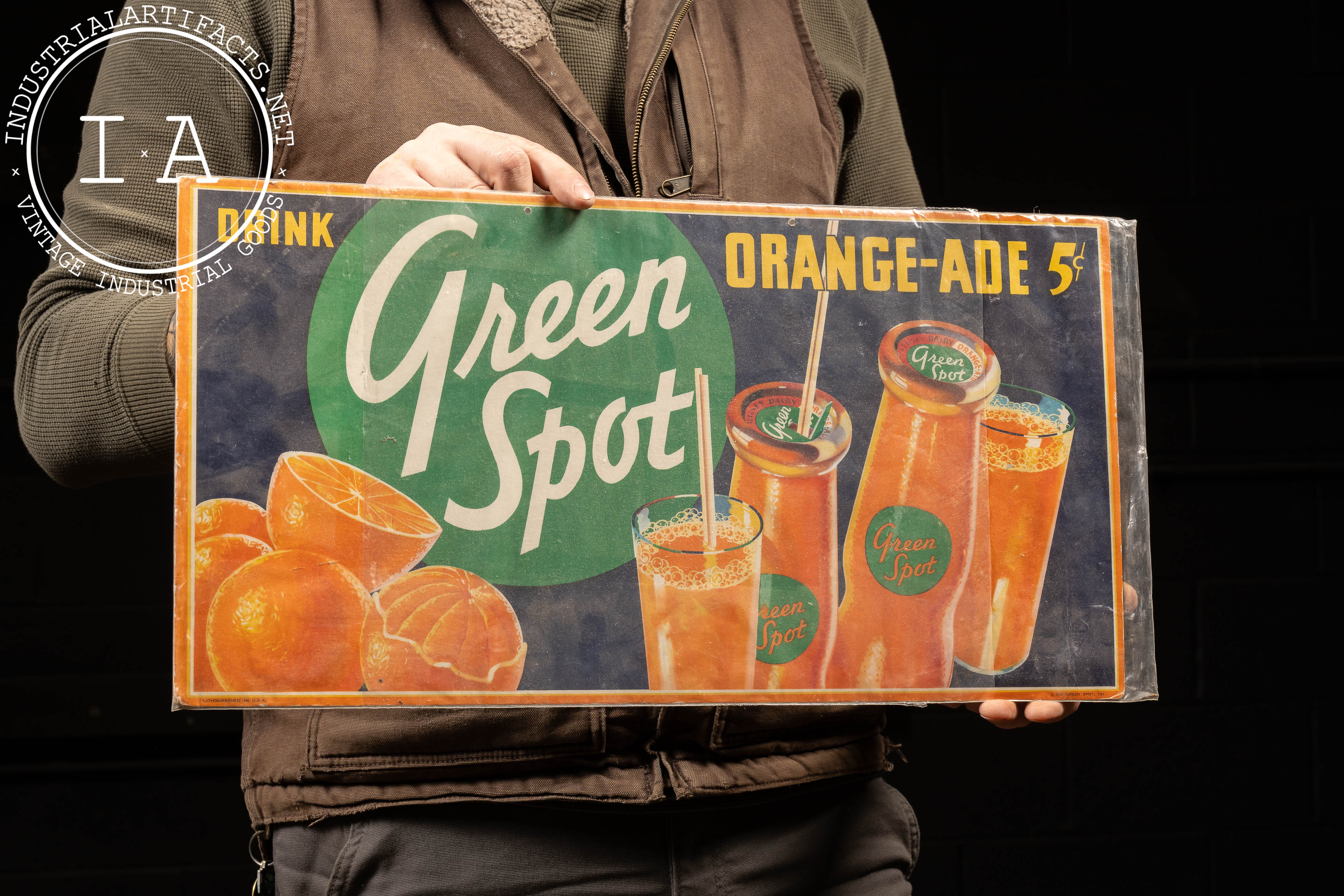 Vintage Green Spot Litho Sign – Industrial Artifacts