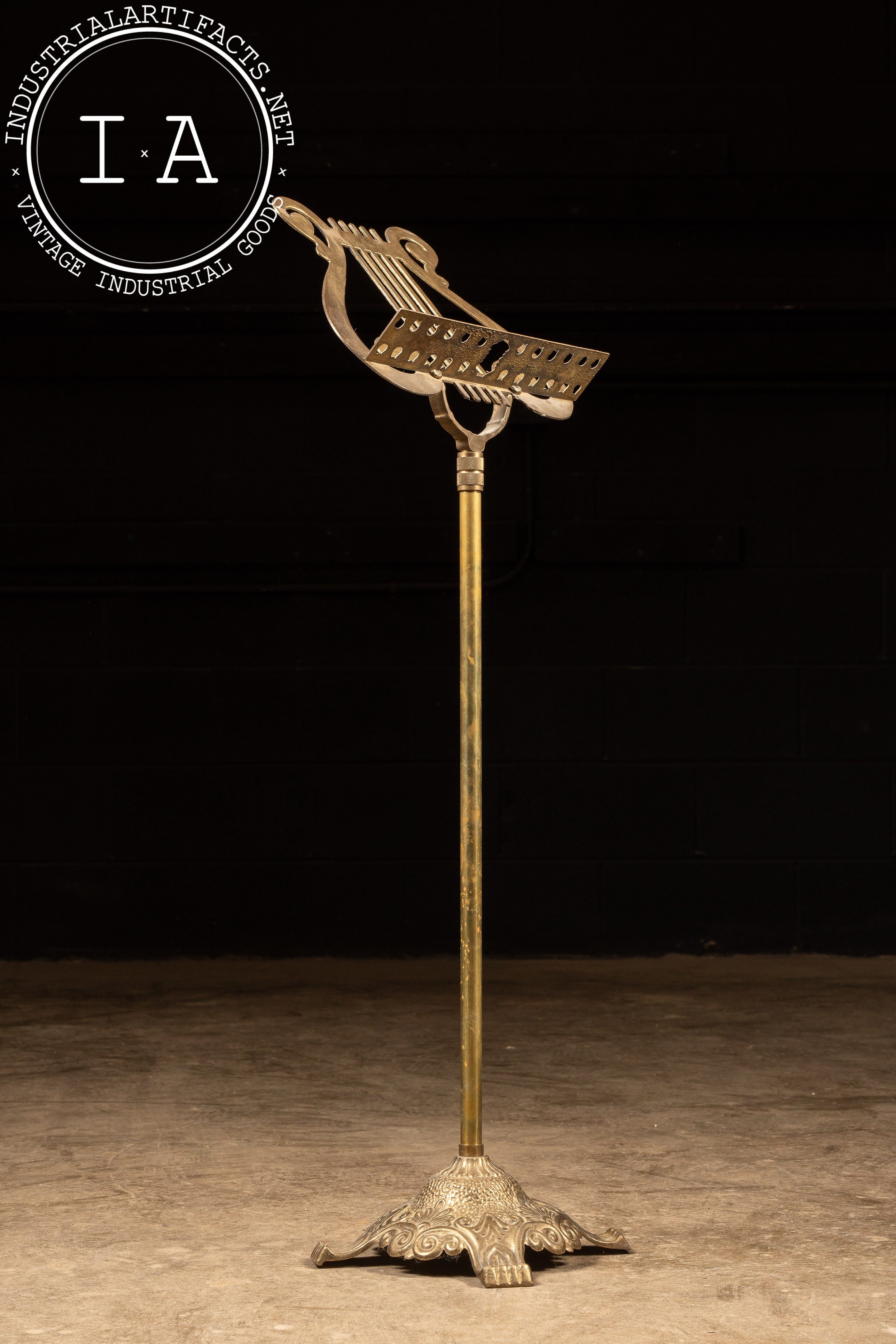 Vintage Brass Music Stand with Lyre Motif – Industrial Artifacts