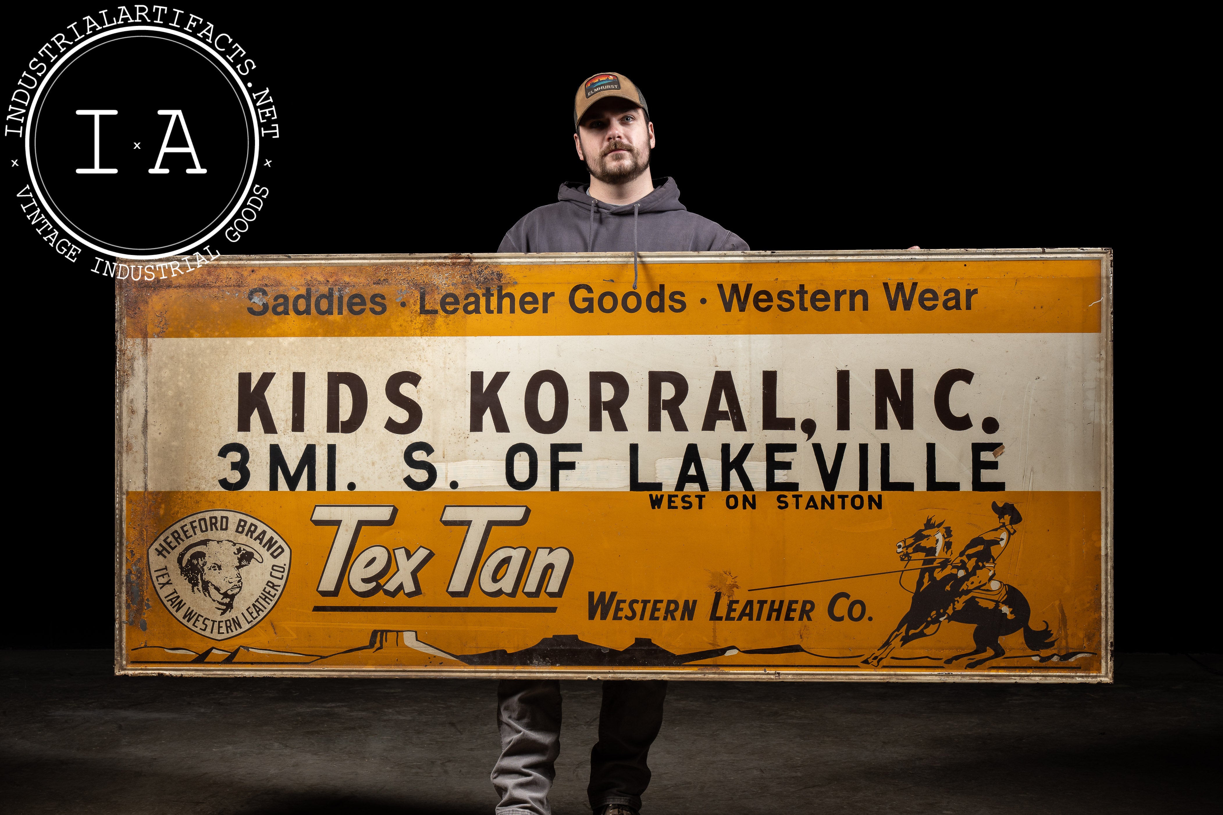 Vintage Painted Tin Tex Tan Western Wear Sign – Industrial Artifacts