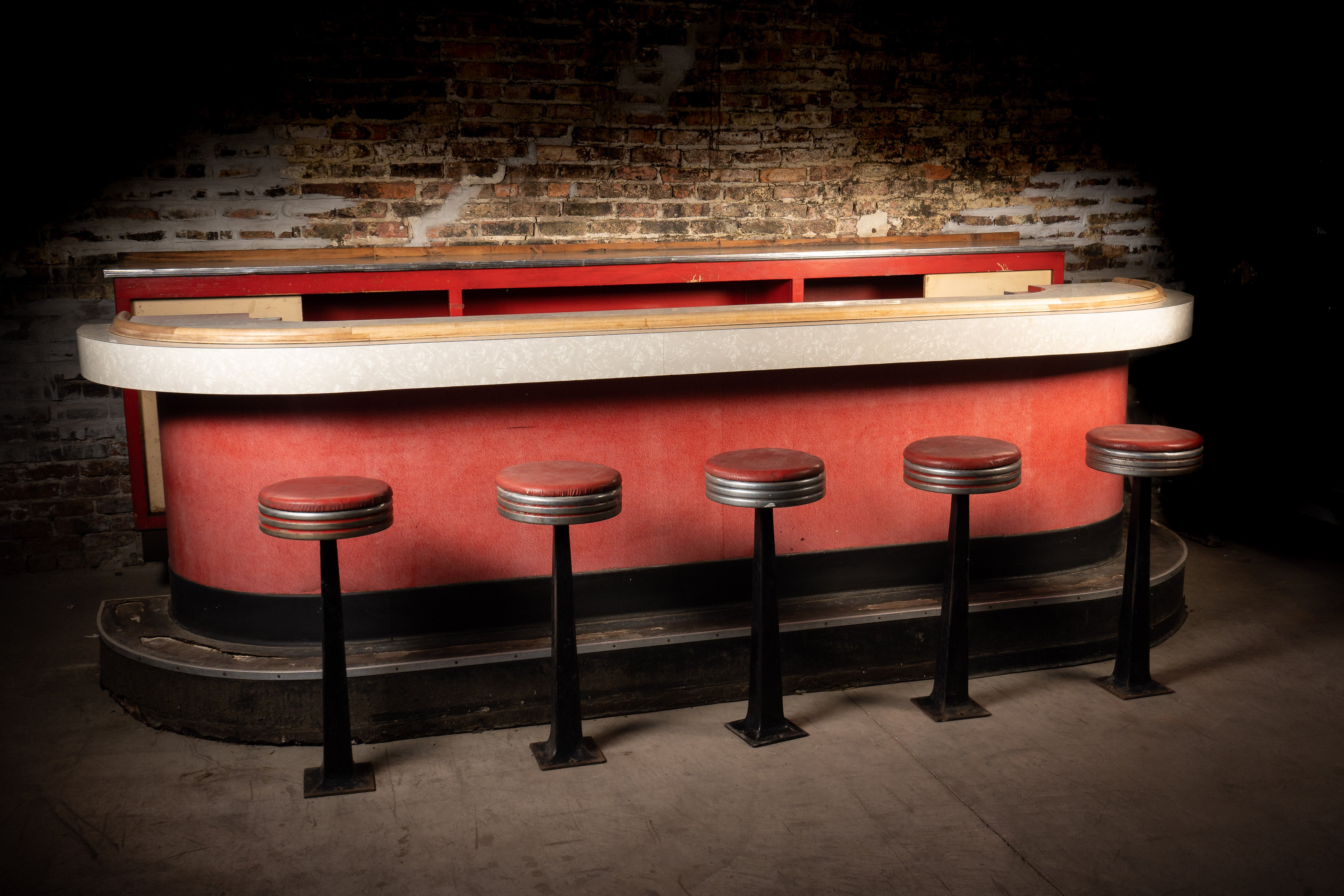 Vintage Streamline Front and Back Bar with Stools – Industrial Artifacts