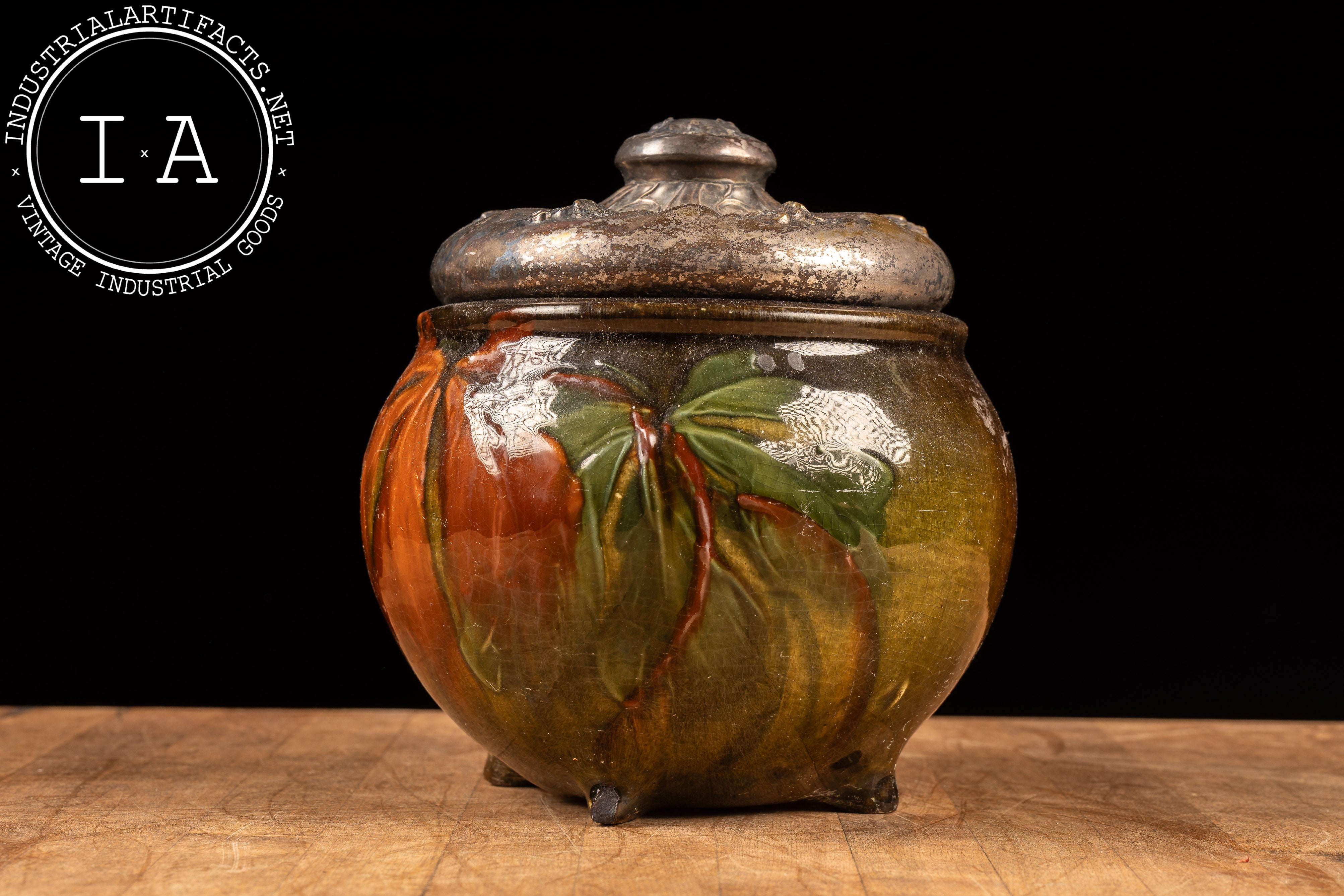 Antique Glazed Ceramic Tobacco Jar with Embossed Lid – Industrial Artifacts