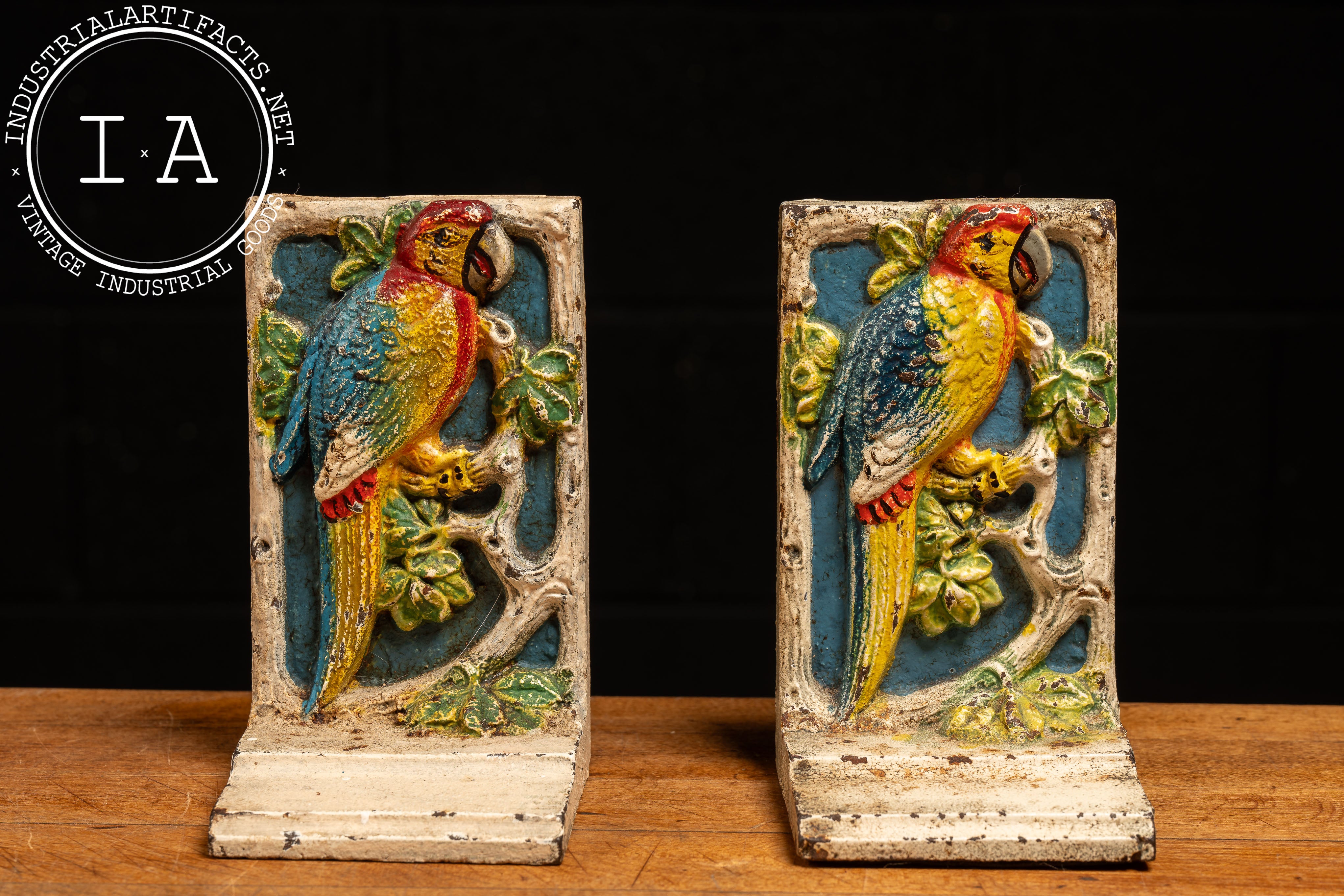 Pair of Antique High-Relief Painted Parrot Bookends – Industrial Artifacts