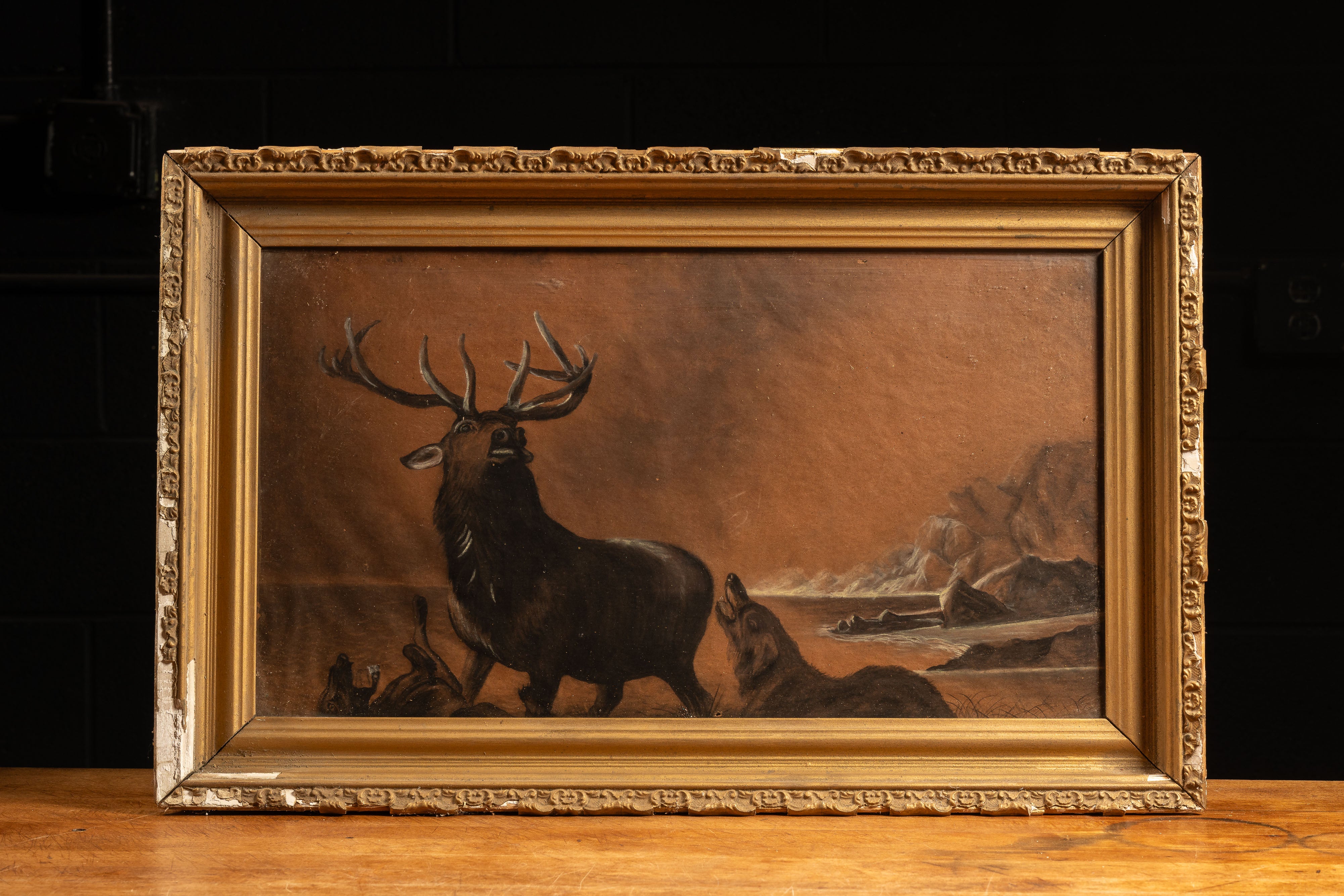 Antique Framed Stag with Wolves Painting – Industrial Artifacts