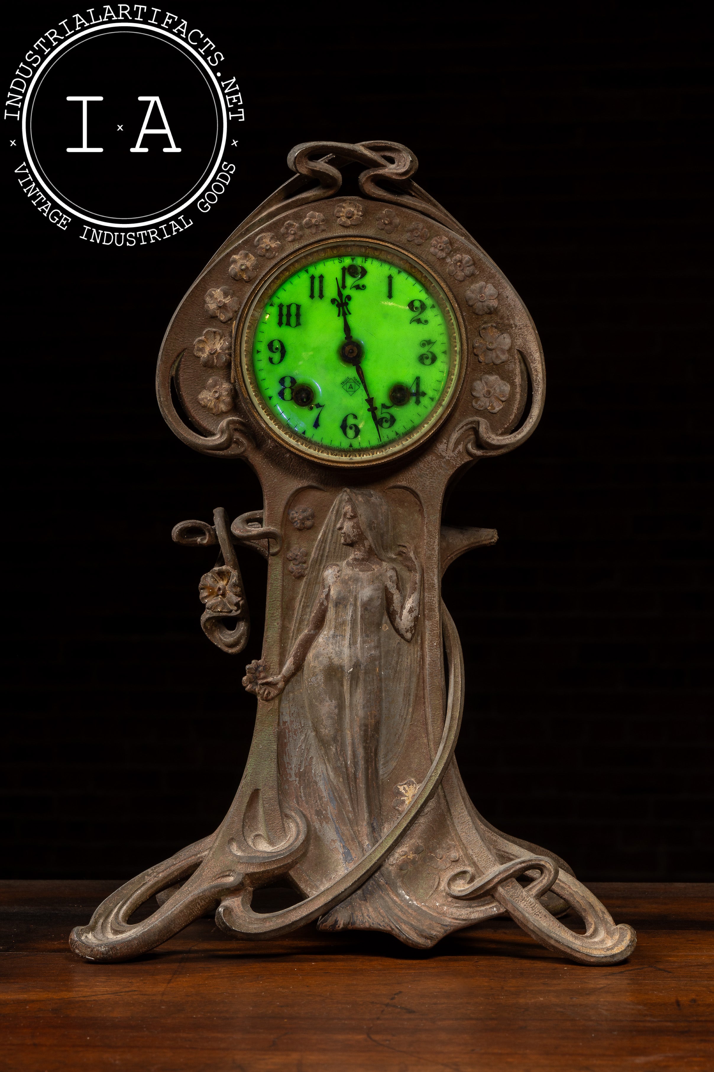 Early 20th C. Cast Metal Art Nouveau Uranium Glass Clock by Ansonia ...
