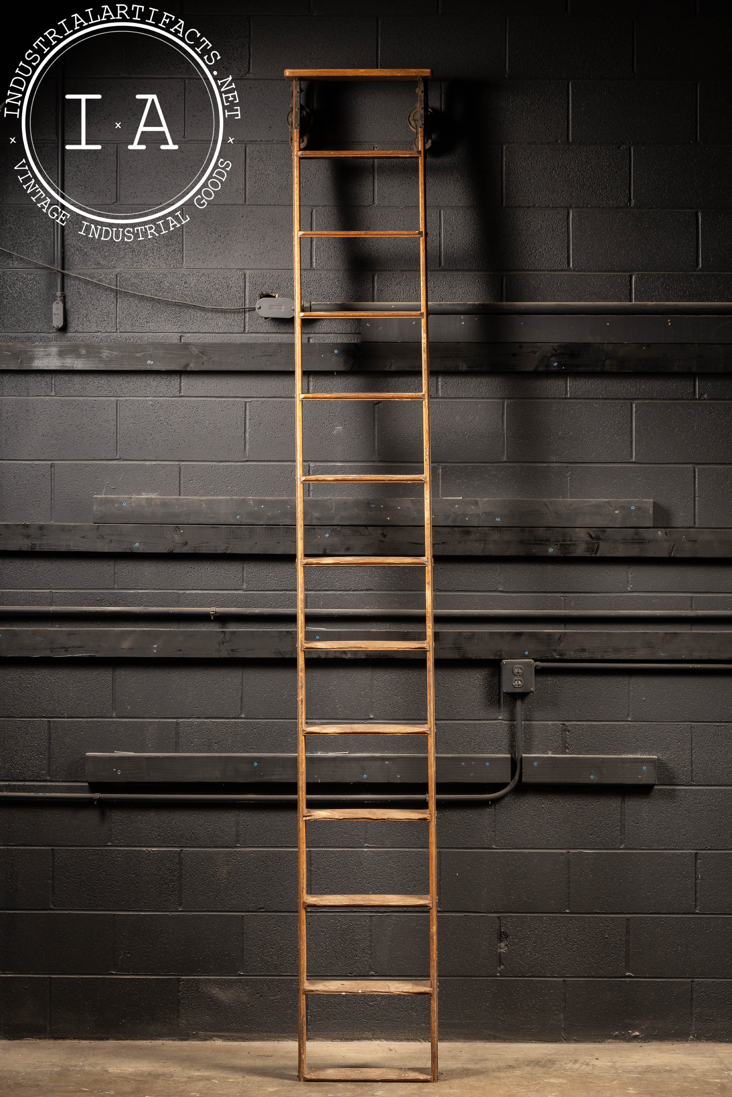 Antique Oak Rolling Library Ladder – Industrial Artifacts