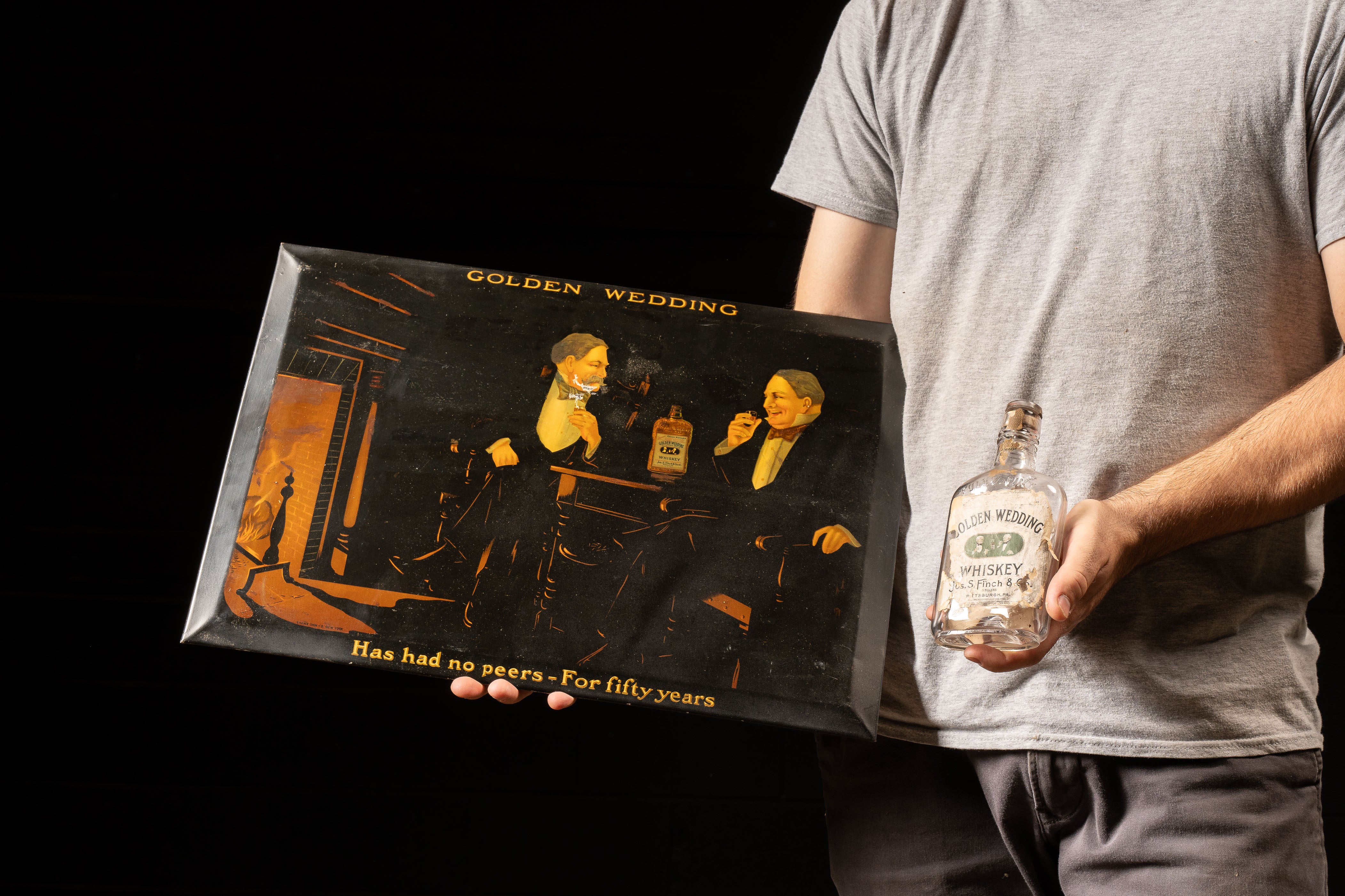 Antique Golden Wedding Tin Litho Sign with Original Antique Bottle ...