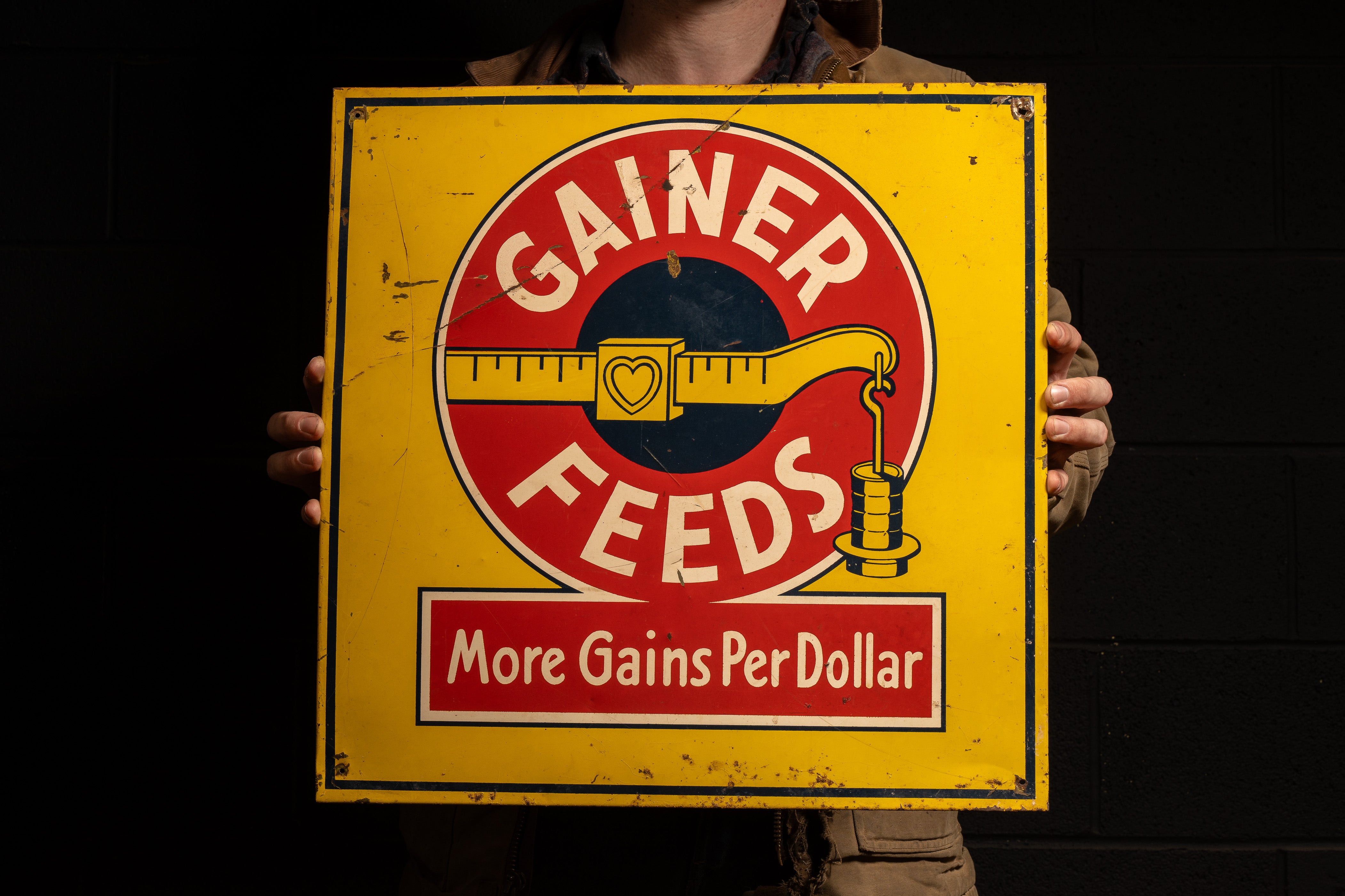 Vintage Gainer Feeds Painted Tin Sign – Industrial Artifacts