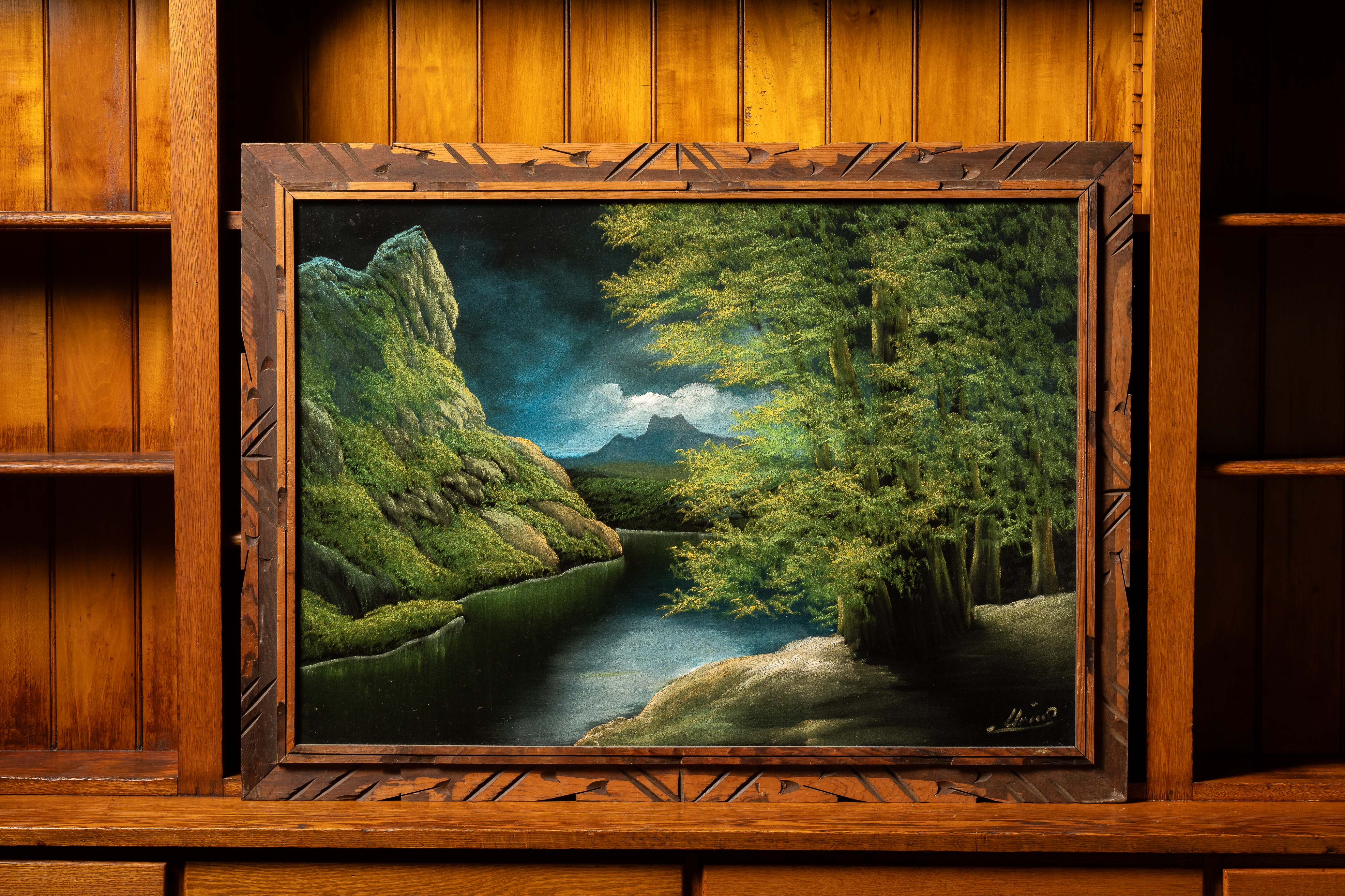 Vintage Framed Black Velvet Landscape Painting, Signed – Industrial ...