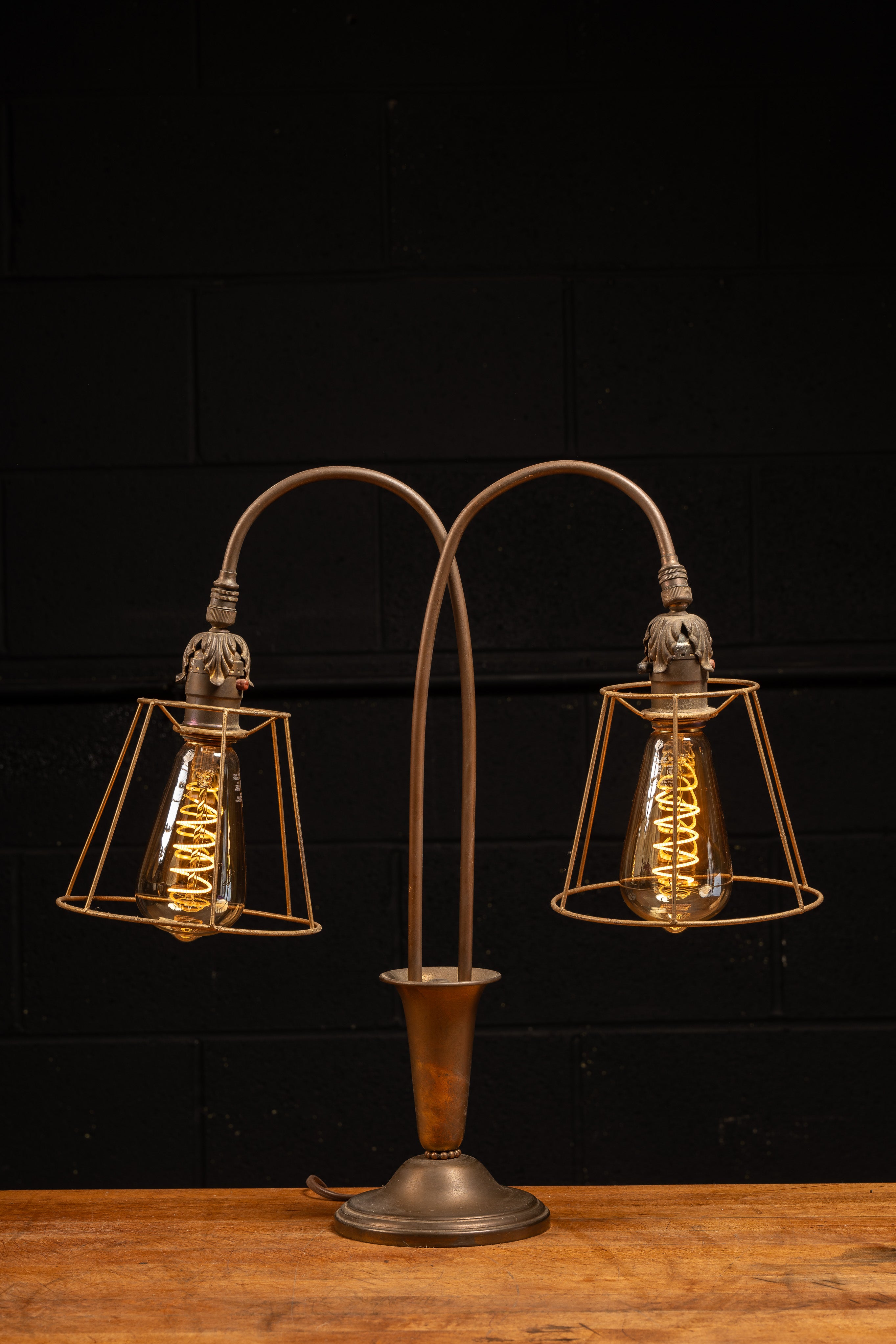 Antique Brass Double Gooseneck Table Lamp – Industrial Artifacts