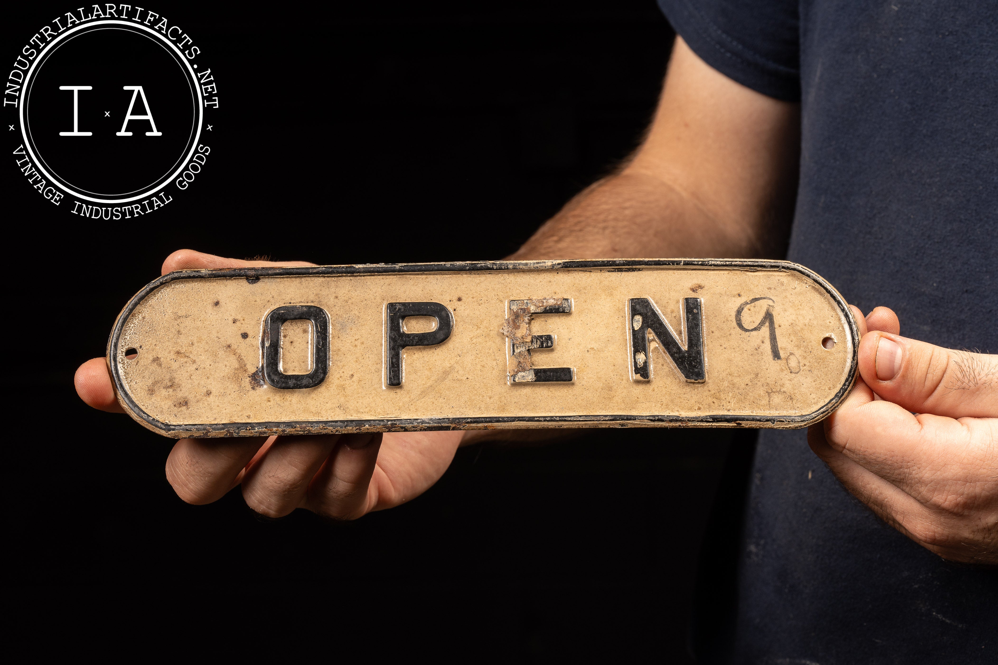 Vintage Embossed Painted Tin Open Sign – Industrial Artifacts