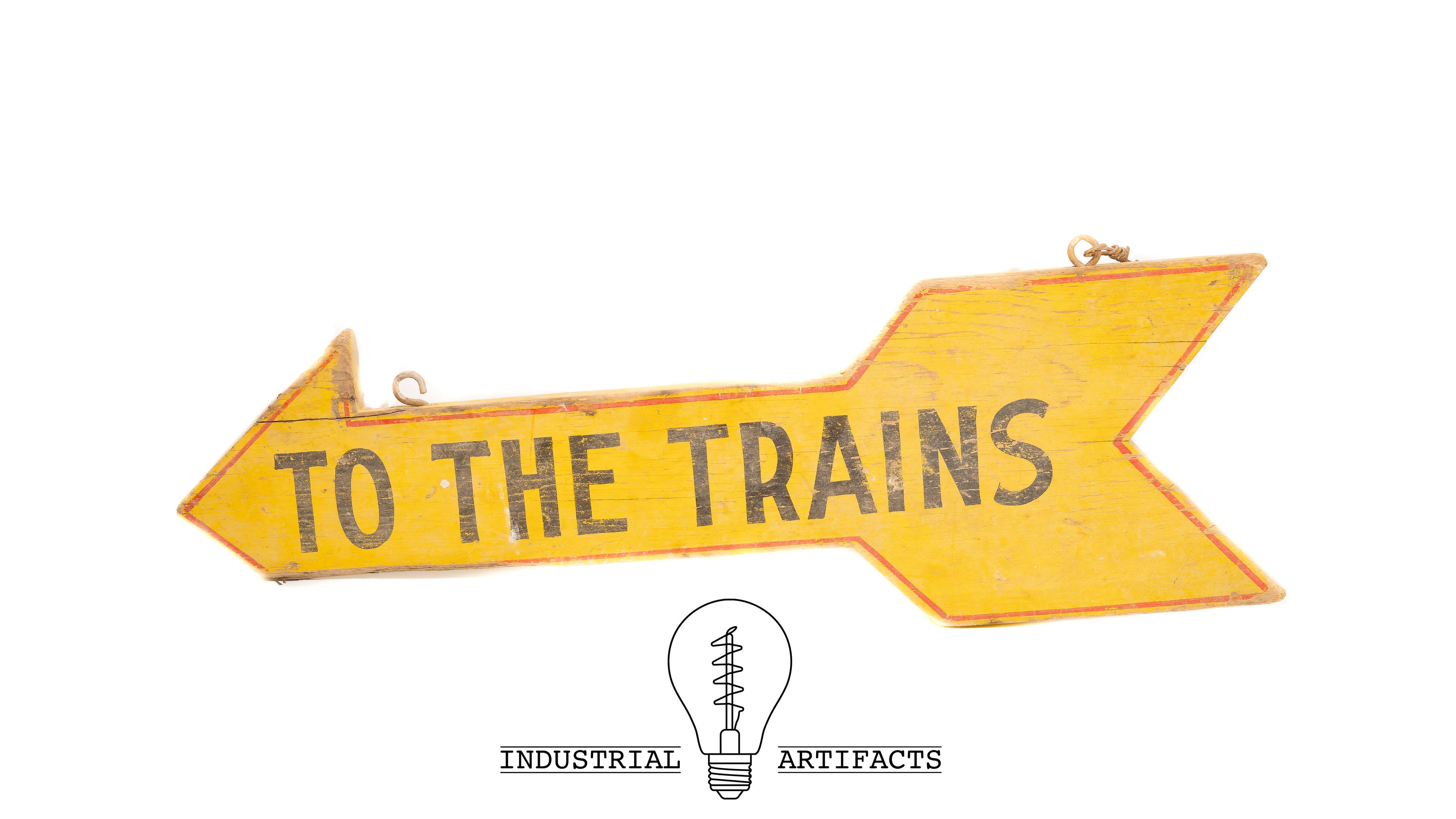 Figural Arrow To The Trains Railroad Station Sign – Industrial Artifacts