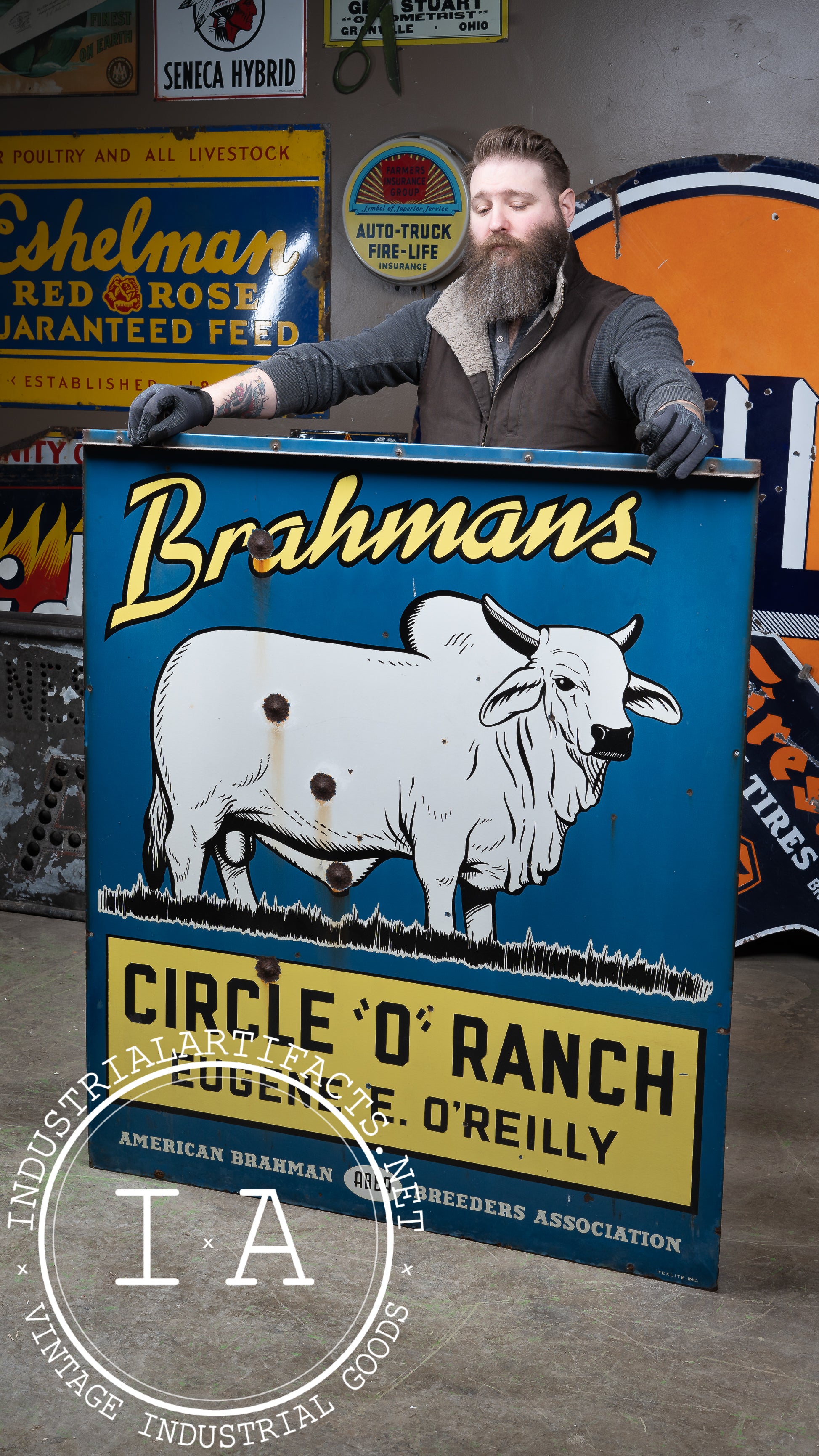 Antique Double Sided Porcelain Brahmans Cattle O'Reilly Farm Sign ...