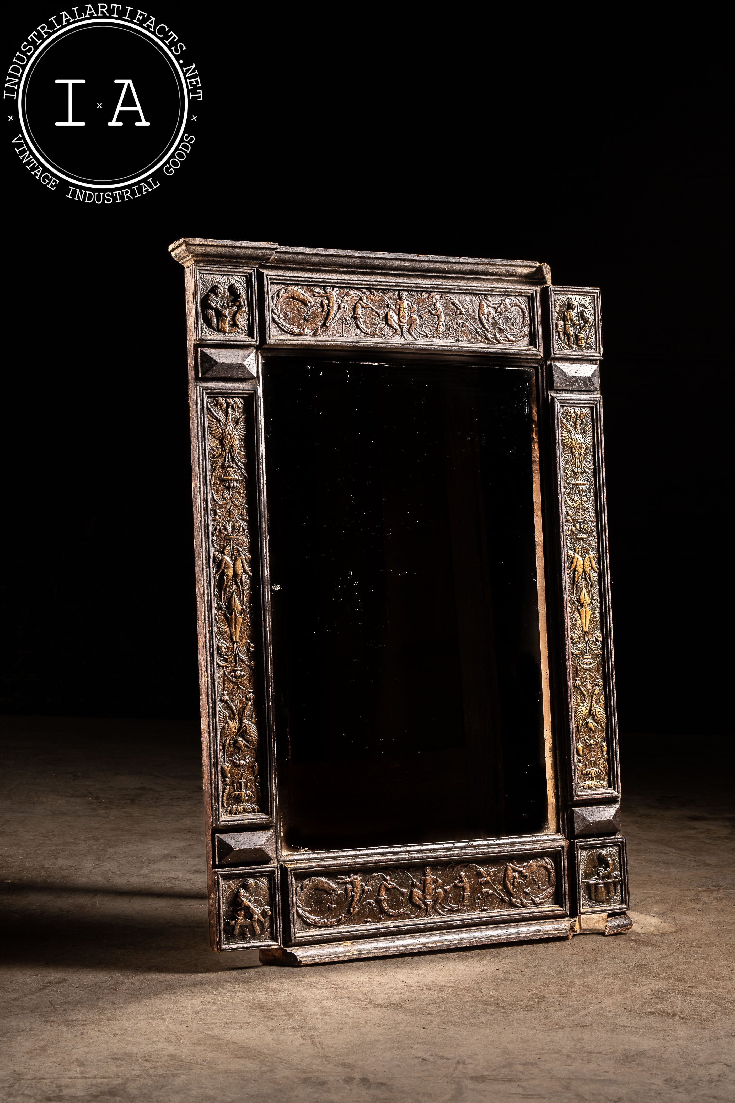 Antique Mirror With Brass Repousser Illustrations – Industrial Artifacts