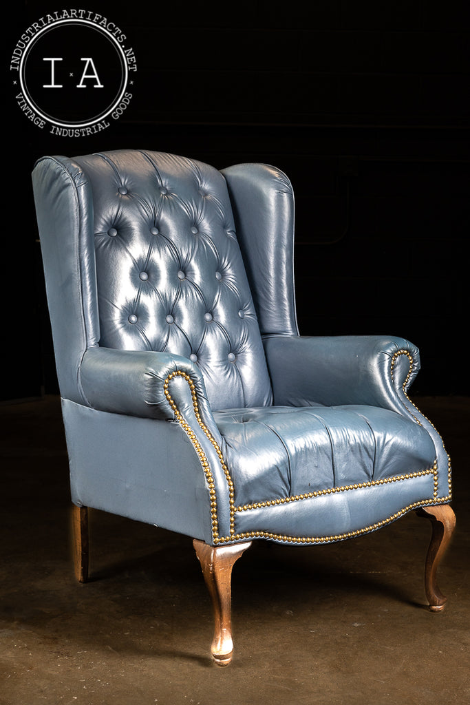 Vintage Tufted Leather Chesterfield Armchair in Powder Blue Industrial Artifacts
